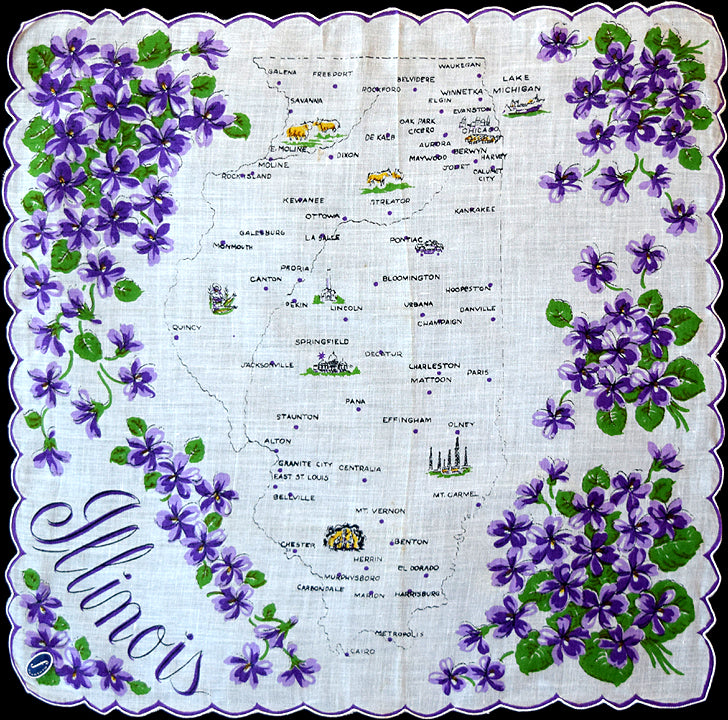 Illinois State Map Souvenir Vintage Handkerchief Franshaw New Old Stoc ...