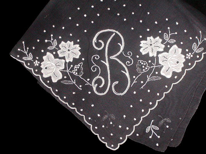 Monogram B Black Vintage Handkerchief Madeira White Embroidery – Gypsy ...
