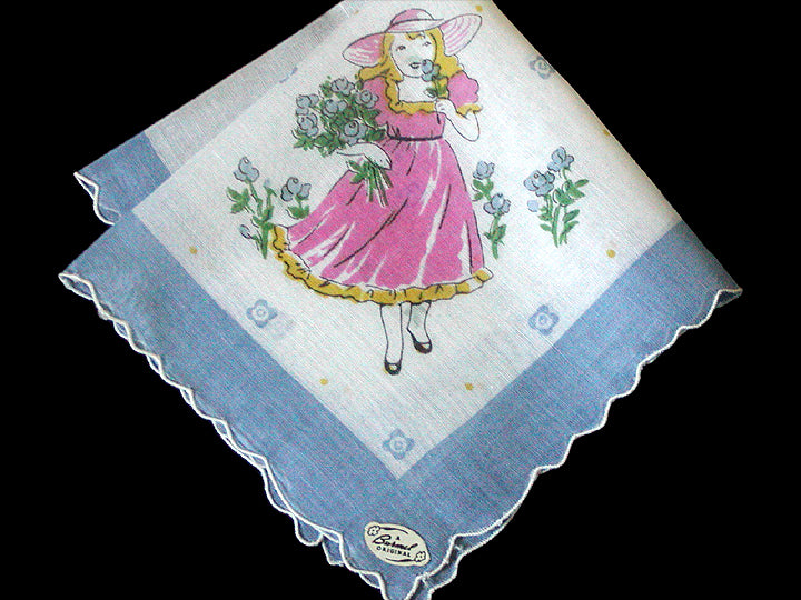 Girl Smelling Roses Vintage Handkerchief Burmel Original New Old Stock ...