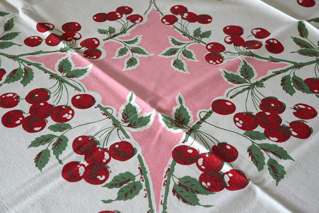 Cherries Heart Shaped Vines Pink Vintage Tablecloth 48x54 – Gypsy ...