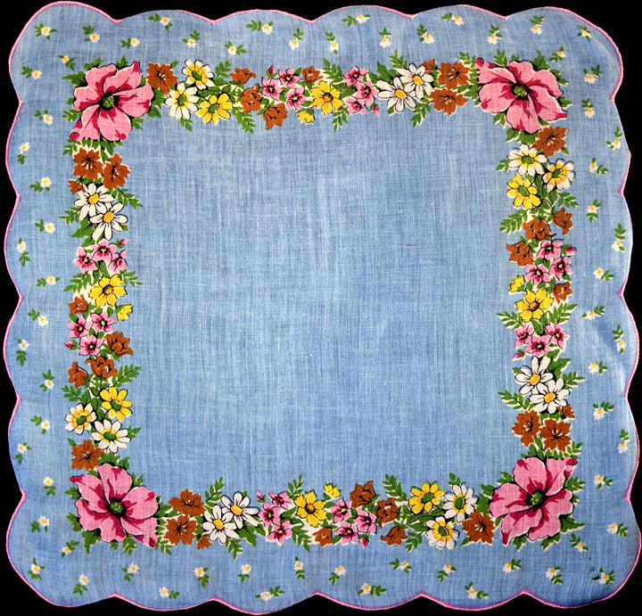 Floral Border Blue Irish Linen Vintage Handkerchief, 15 Inches – Gypsy ...