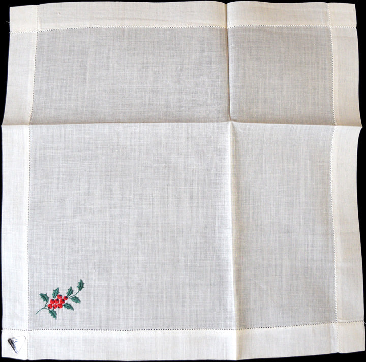 Holly Berries Embroider Vintage Christmas Handkerchief, Herrmann ...
