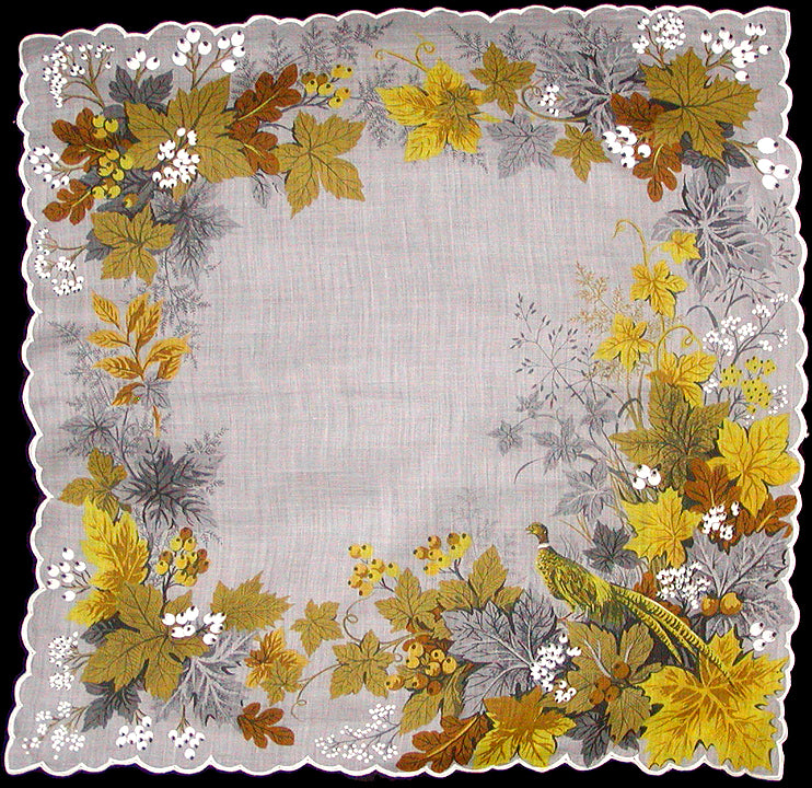 Fall Botanical Pheasant Vintage Handkerchief New Old Stock 16 Inch ...